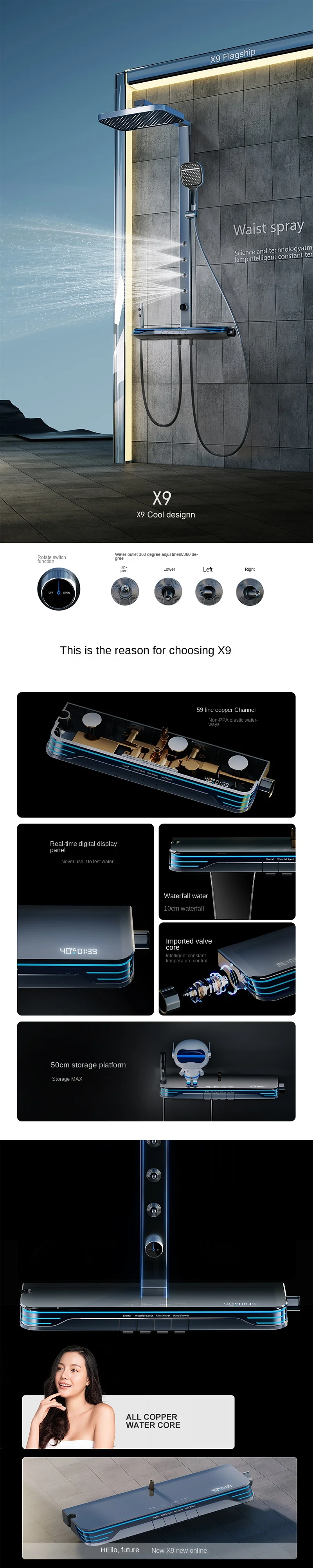 Luxury Shower Set Wall Mounted Brass Waterfall Bathroom Full Screen ...