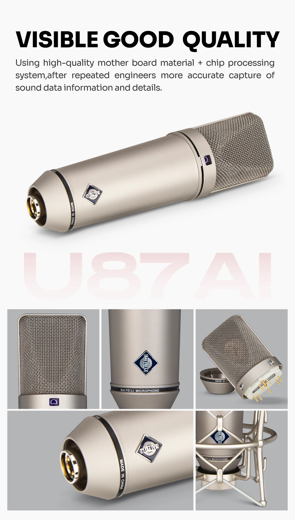 U87AI Professional 48V Wired Magnetic Microphone for Podcasting