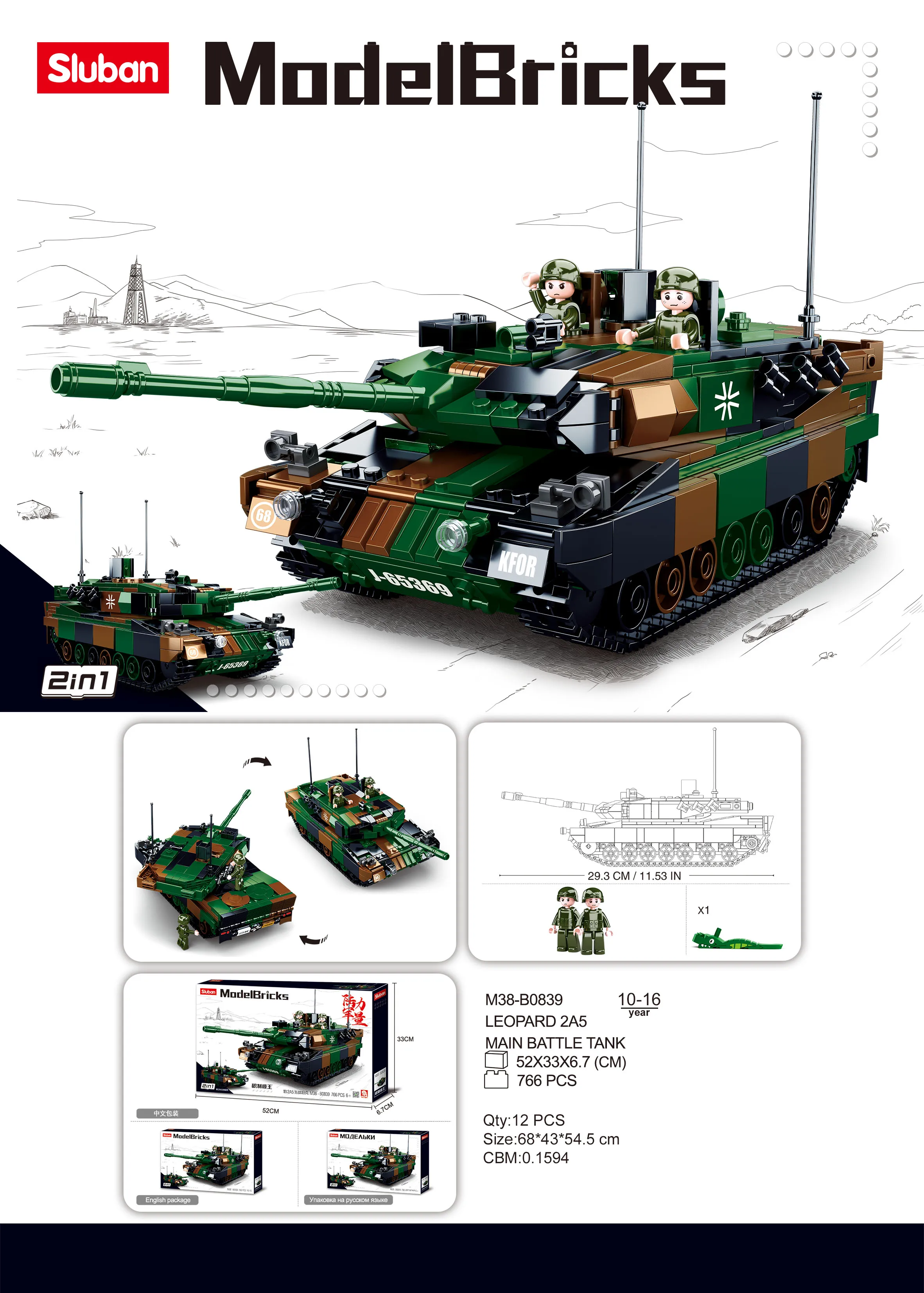 Sluban Building Blocks M38-b0839 Leopard 2a5 Main Battle Tank 766pcs ...