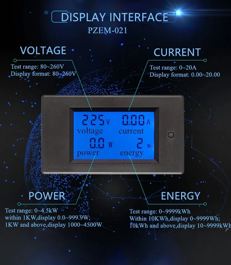 Peacefair Pzem-031 Dc 6.5-100v Pzem-021ac Single Phase 80-260vlcd Digital Electric Power Energy ...