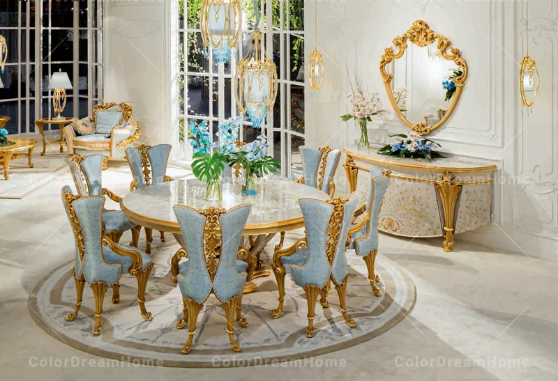 Luxury Italian Court Round Dining Table Set with 8 Chairs