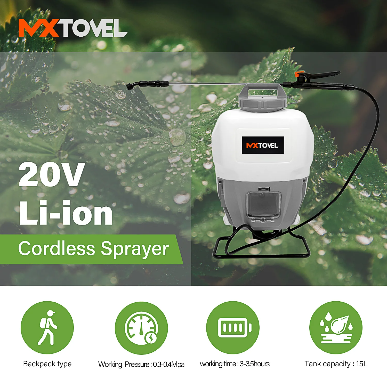 MXTOVEL 15L Knapsack Battery Boom Sprayer New Agricultural Electric Diaphragm Pump for Pest and ...