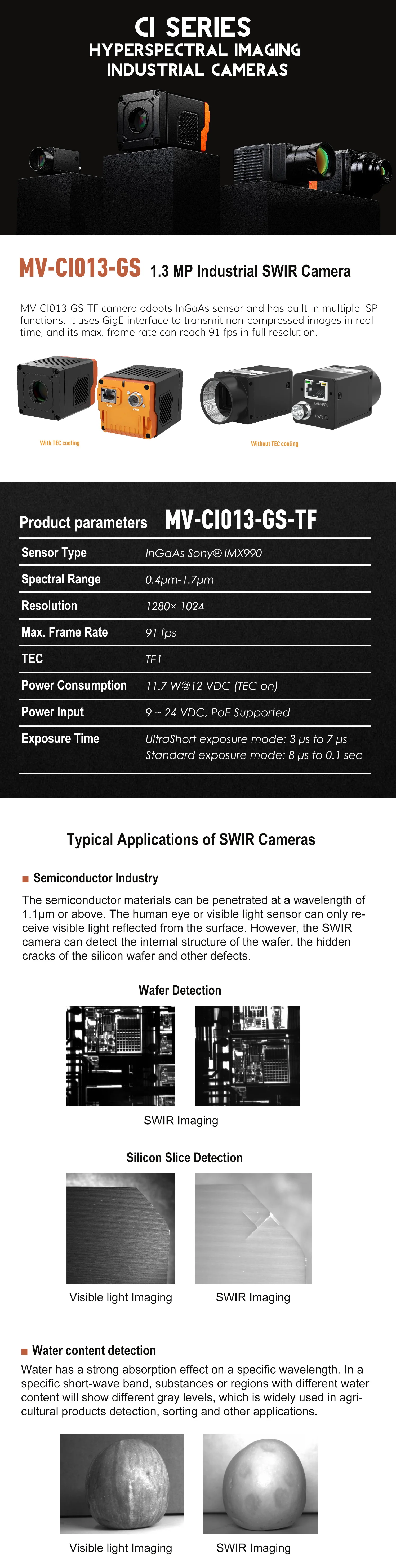 MV-CI013-GS Hyperspectral Imaging Ingaas Sensor 1.3 MP SWIR Camera