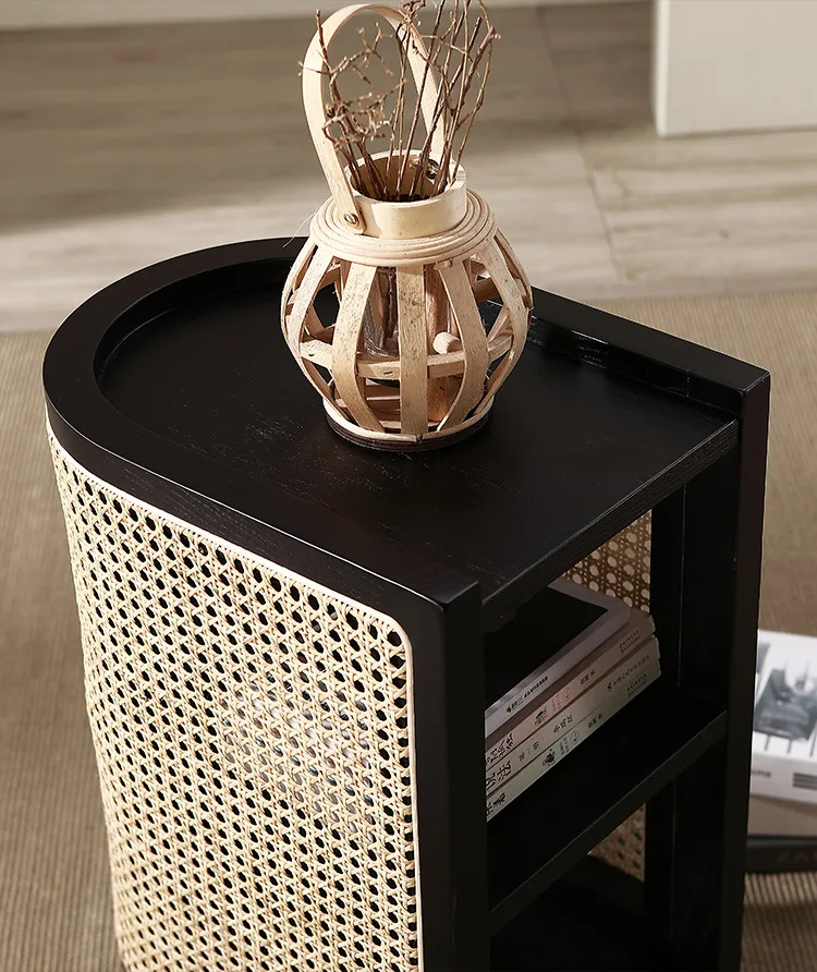 Japanese Style Solid Wood Rattan Bedside Table and Side Cabinet Locker