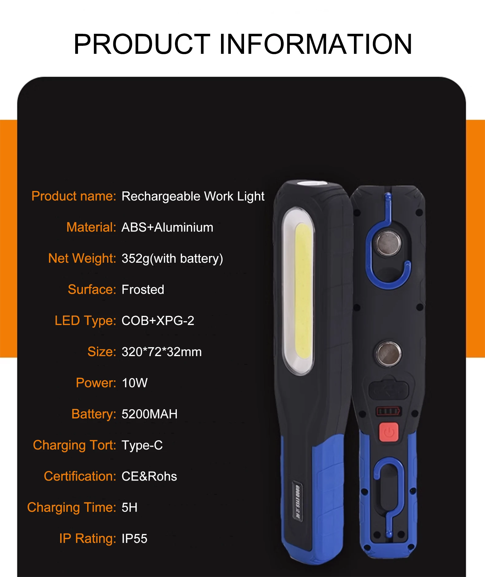 Outdoor Li-Ion Battery Rechargeable Led Work Light 3 in 1 COB Portable ...