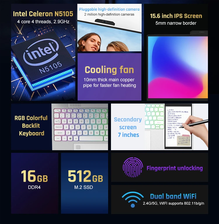 Dual Screen Laptop - 15.6'' IPS Display with 7'' Touch Screen