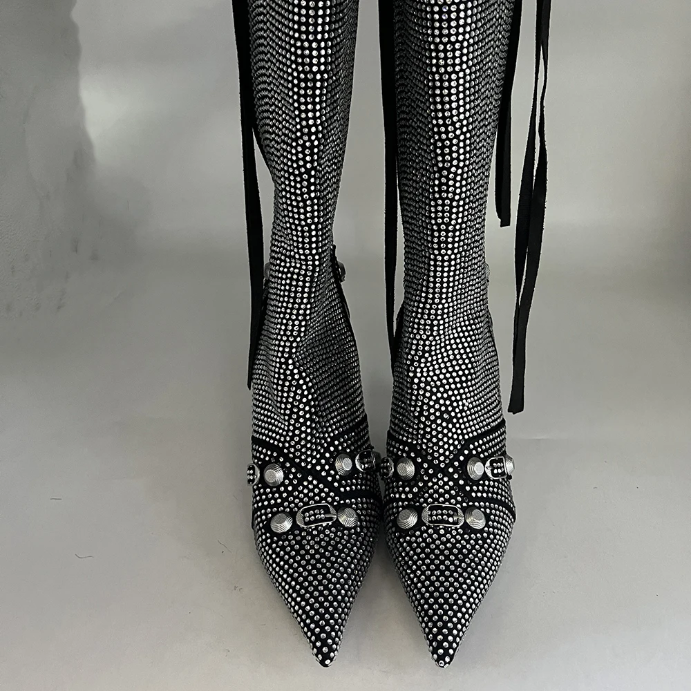 Womens Long High Heel Diamonds Boots Pointed Toe Knee High Fashion ...