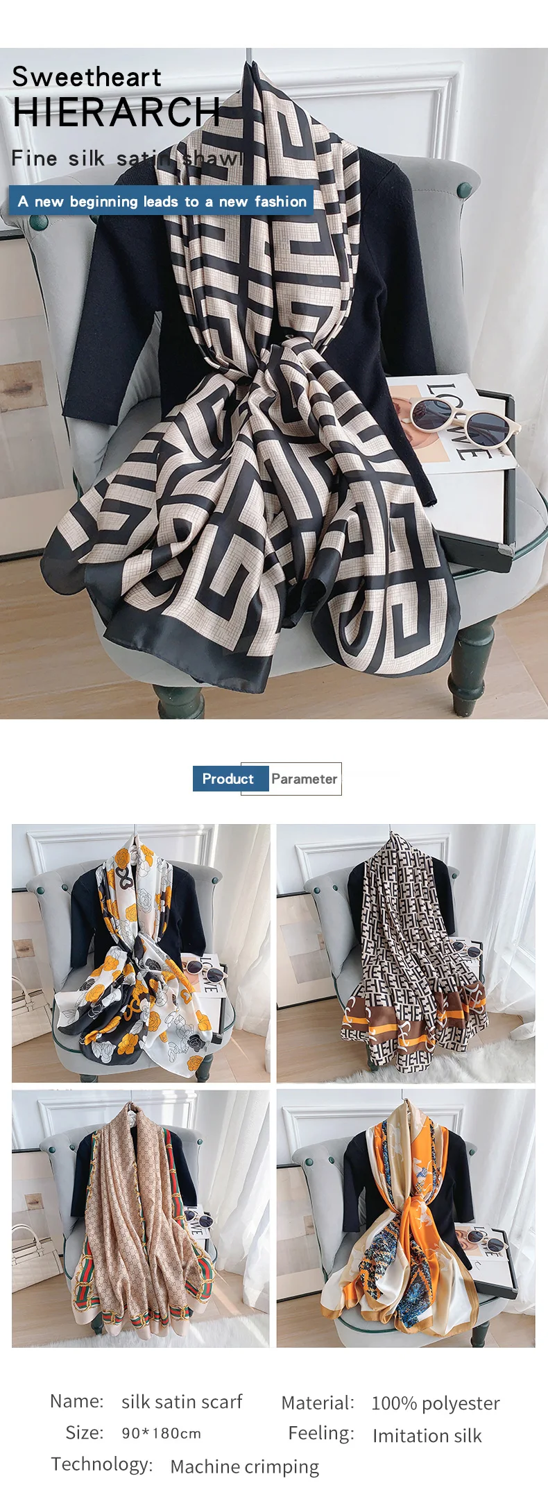 Custom Floral Design Silk Scarf For Women 90*180cm Printing Satin Head ...