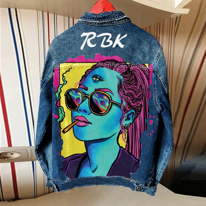 Trendy Women's Denim Cartoon Print Jeans Jacket - Yiluhong