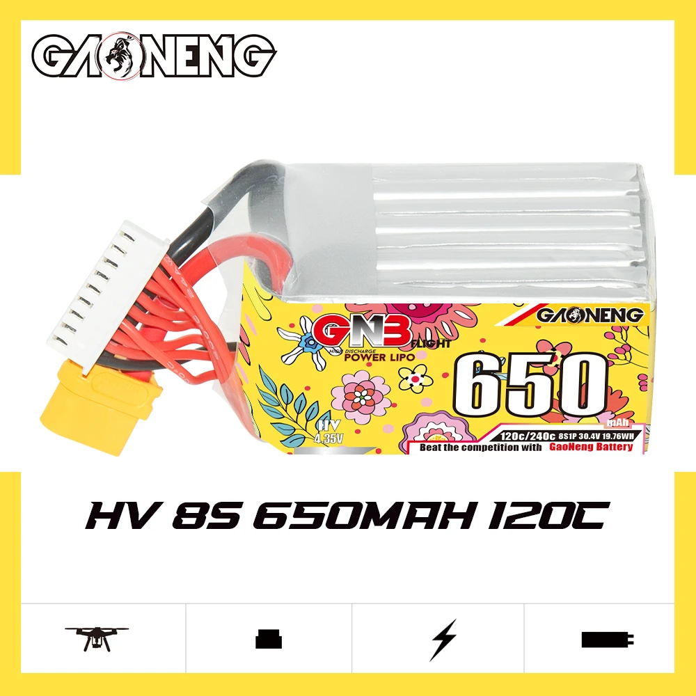 Gaoneng Gnb 650mah 30.4v 8s 120c Xt60 Rc Lipo Battery Graphene Brushless Fpv 8s Freestyle Drone ...