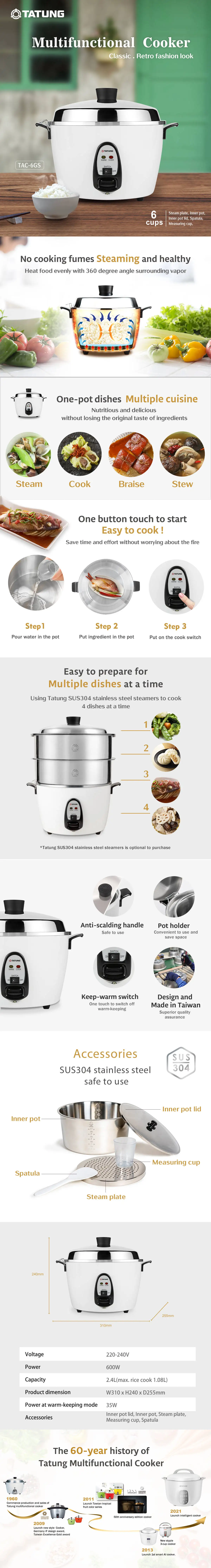 Taiwan Brand Round Electric Steamer Cooker White Color 6 Cups Uncooked ...