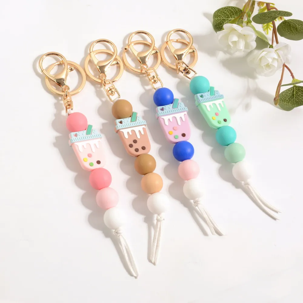 Bubble Tea Teacher Keychain Cute DIY Keyrings Silicone Beads Hand Woven ...