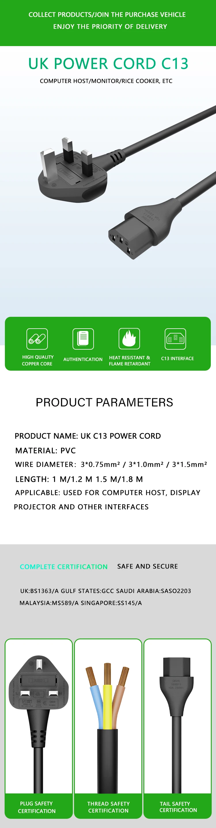 High Quality 3 Wire with Fuse UK Standard AC Power Cord