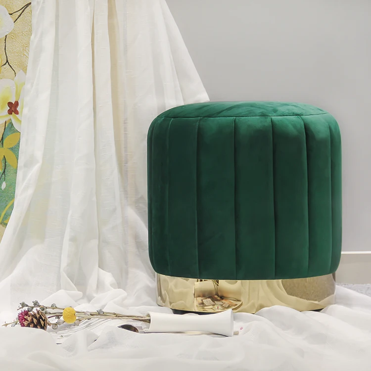 Hstex Bedroom Velvet Round Golden Tufted Pouf Designer Ottoman With ...