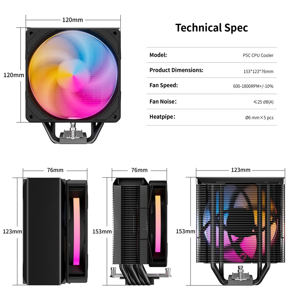 Uphere Cpu Cooler Aluminum 5 Heatsink 120mm Argb Cpu Fans And Cooling ...