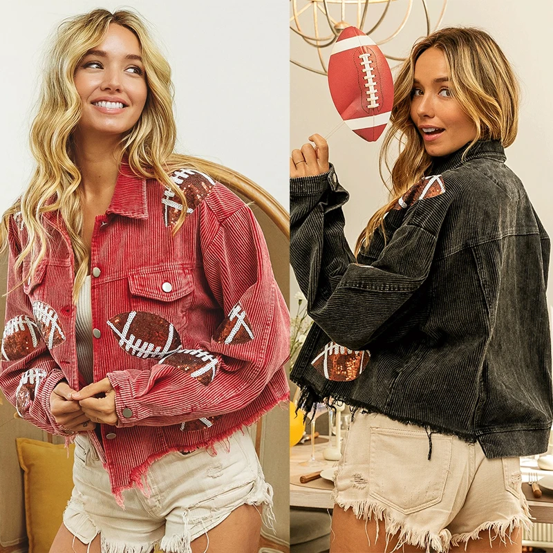 Wholesale Sequin Corduroy Jacket Woman Vintage Wash Fringe Shacket ...