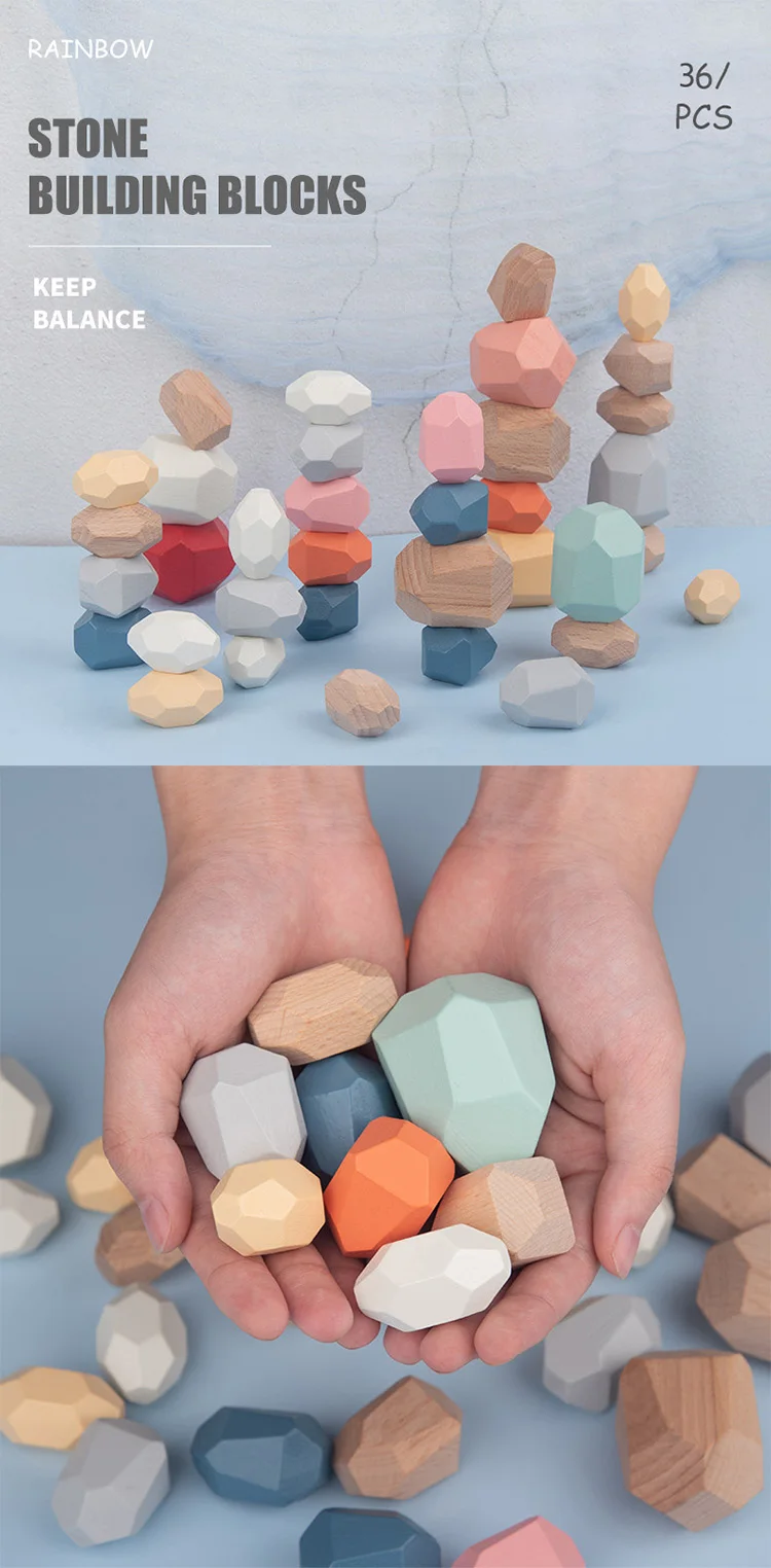Commiki Wooden Balance Rainbow Colored Stone Blocks Toys Children ...