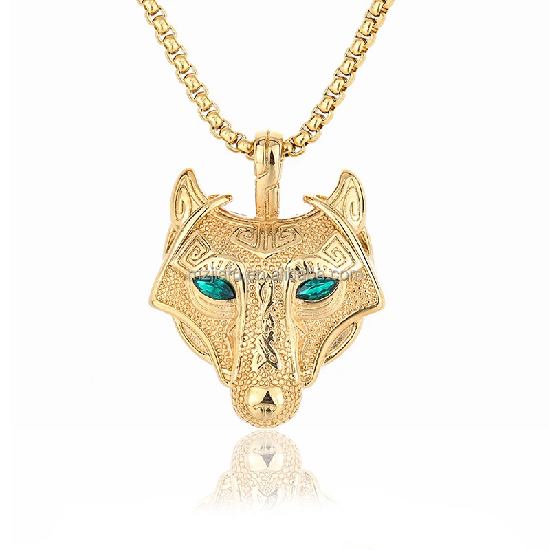 Viking Crystal Wolf Men's Pendant Necklace With Green Eyes Nordic ...