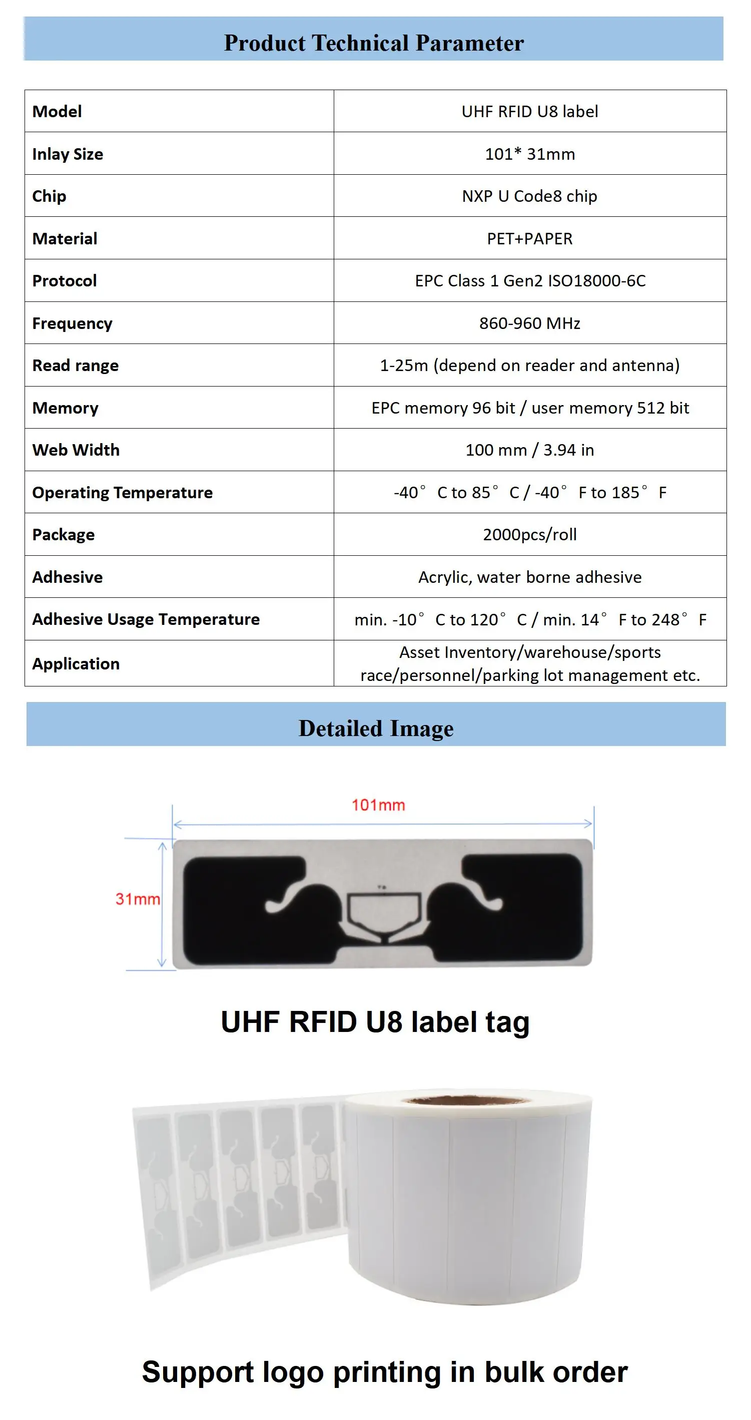 Asset Passive Tag Label Sticker U8 Chip Uhf Rfid 860-960mhz Long Range ...