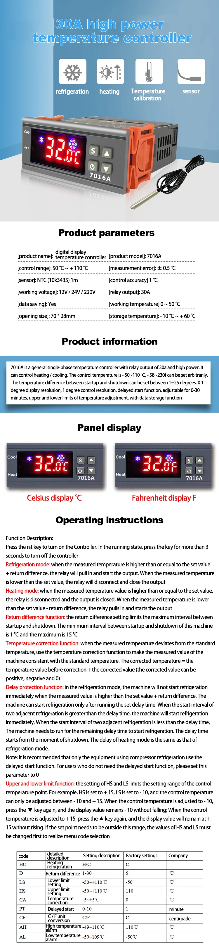 Ac110-220v Mh-7016a Dual Display Dual Temperature Adjustable Temperature Controller With 1m ...