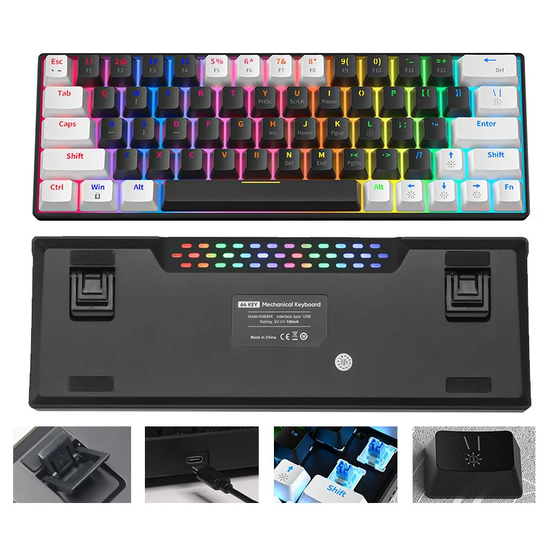 60% Mechinal Keyboard 63 64 Keys Rgb Led Backlit Mini Usb Wired Hot ...