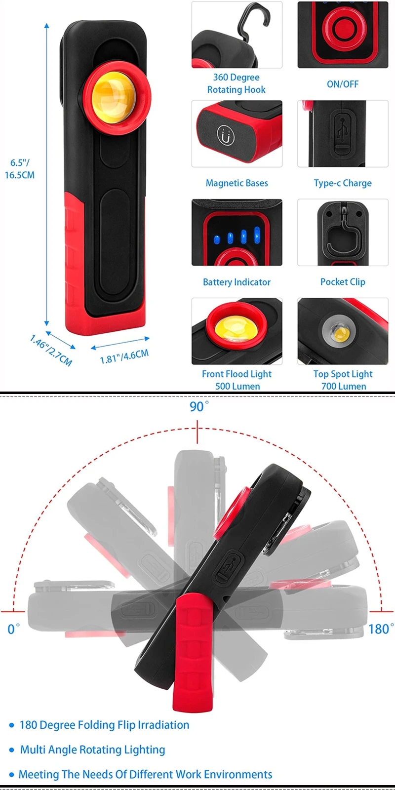 500 Lumens Rechargeable Magnetic LED Work Light with Clip| Alibaba.com