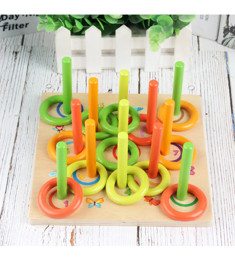 Kids Outdoor Indoor Wooden Rainbow Ring Toss Game Exercise Hand Eye ...