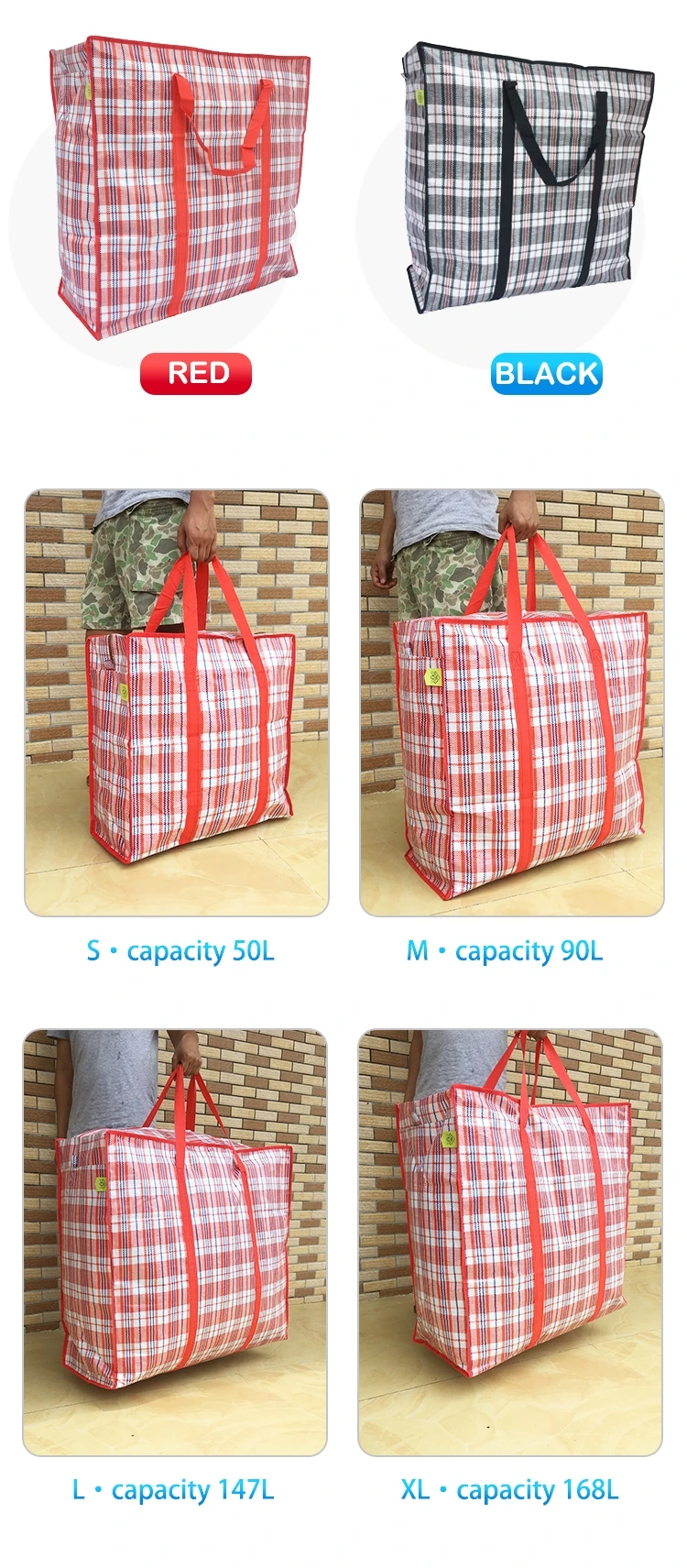 Large Plastic Checkered Woven Laundry Bags With Zipper Handles Foldable ...