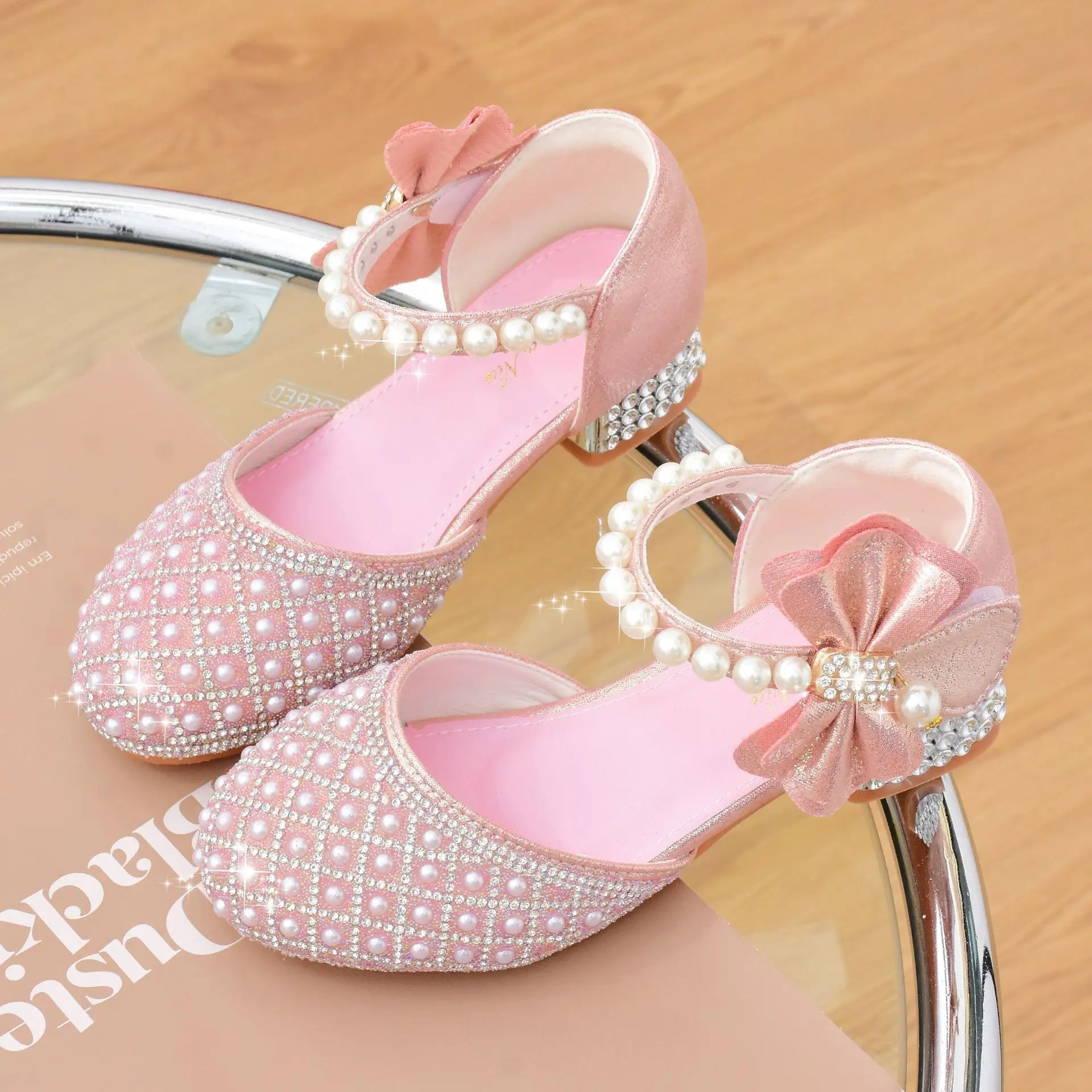 Doud Girl Sequin Pearl Bow Crystal Princess Party Shoes Girl Silver ...