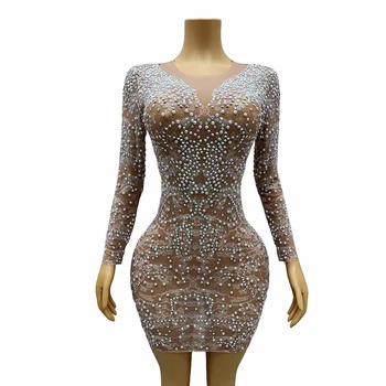 Sexy See Through Pearls Rhinestone Birthday Dinner Bodycon Dress Women ...