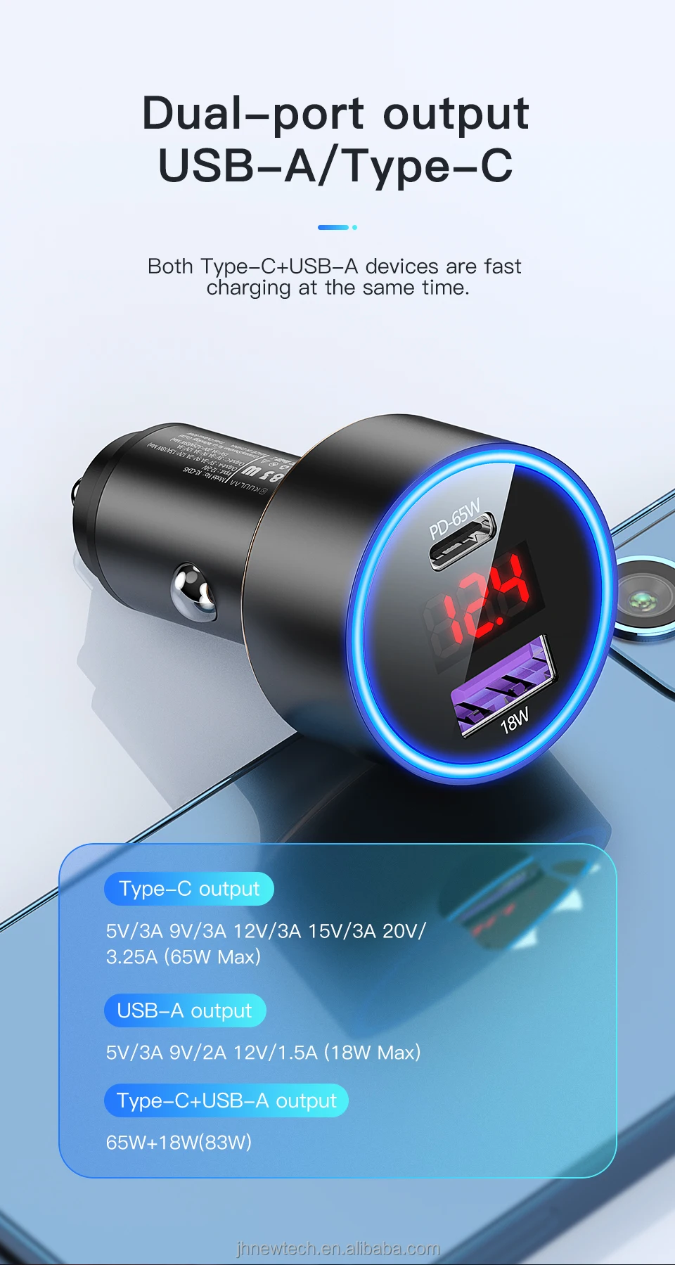 Logo Customize Pd65w Qc18w Usb Car Charger 65w Fast Charging Led ...