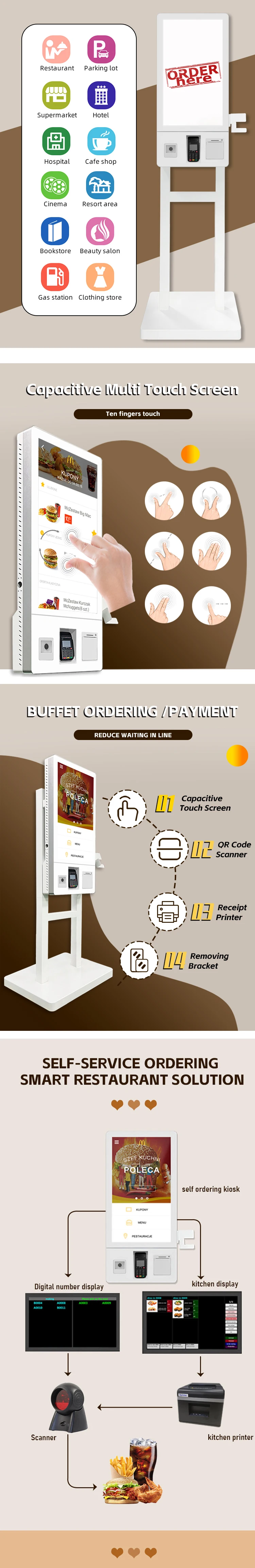 KFC Restaurant 24 27 32 Inch Touch Screen Cashless POS Fast Food Self ...