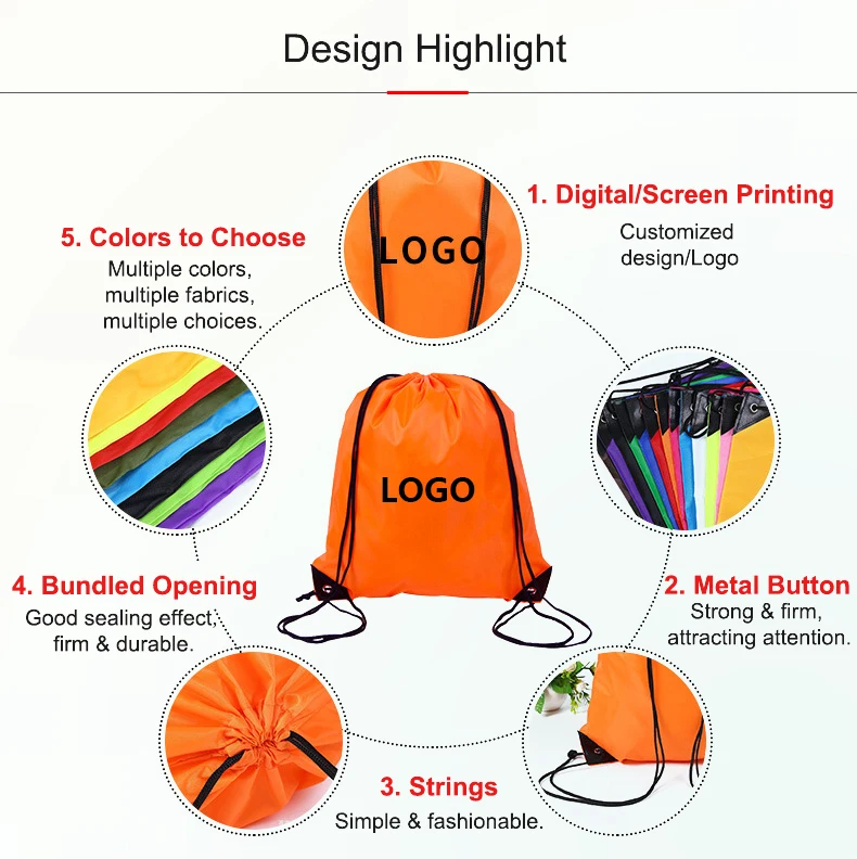 Custom 210D Polyester Drawstring Backpack - Foldable & Waterproof