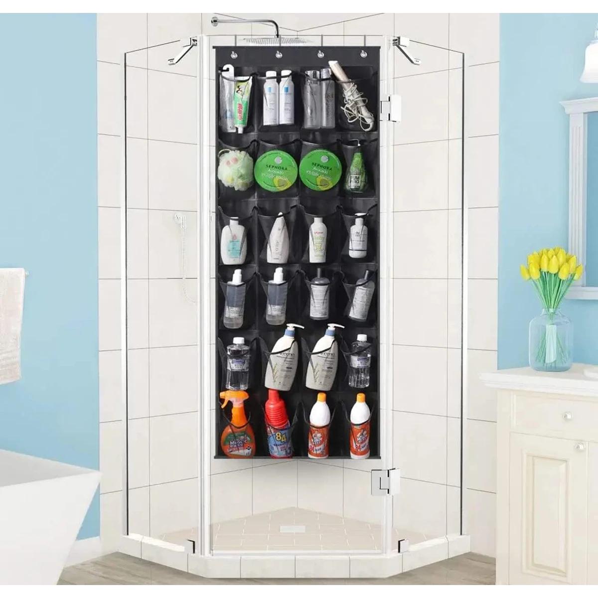 Large Hanging Shoe Rack Organiser with 24 /28/ 35 Mesh Pockets 4 Hooks ...