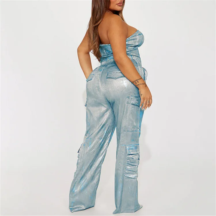 Glossy 2 Piece Jeans Set Sexy Strapless Tube Top Denim Straight Leg ...