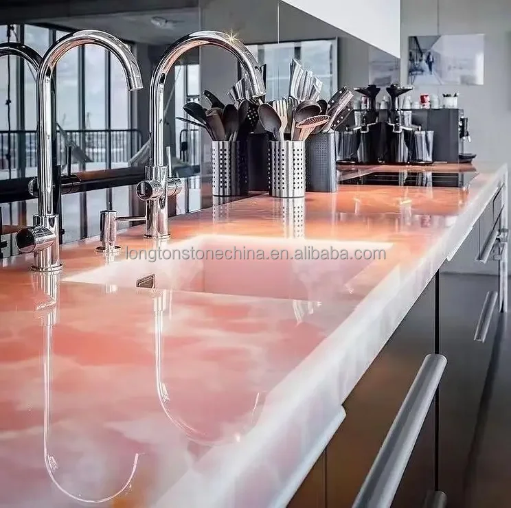 Pink Onyx Marble Slab - Translucent Kitchen Island Top