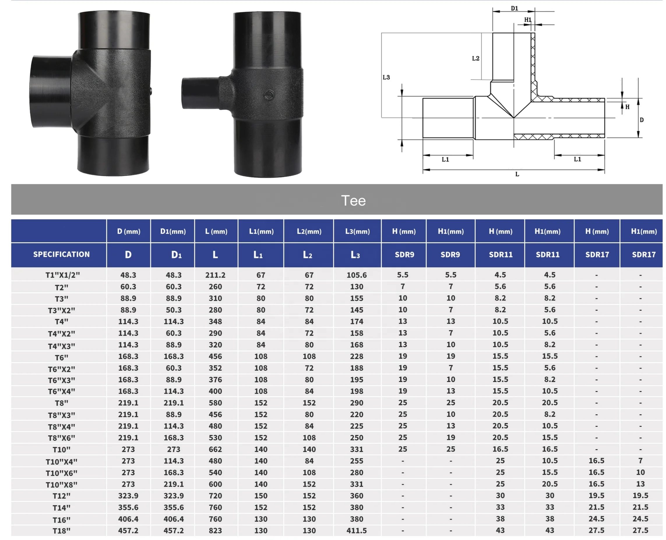 Astm D3261 F714 Inch Size Thermofusion Welding Pe100 Pe Sdr11 Sdr9 Sdr17 Hdpe Reducing T Pipe ...