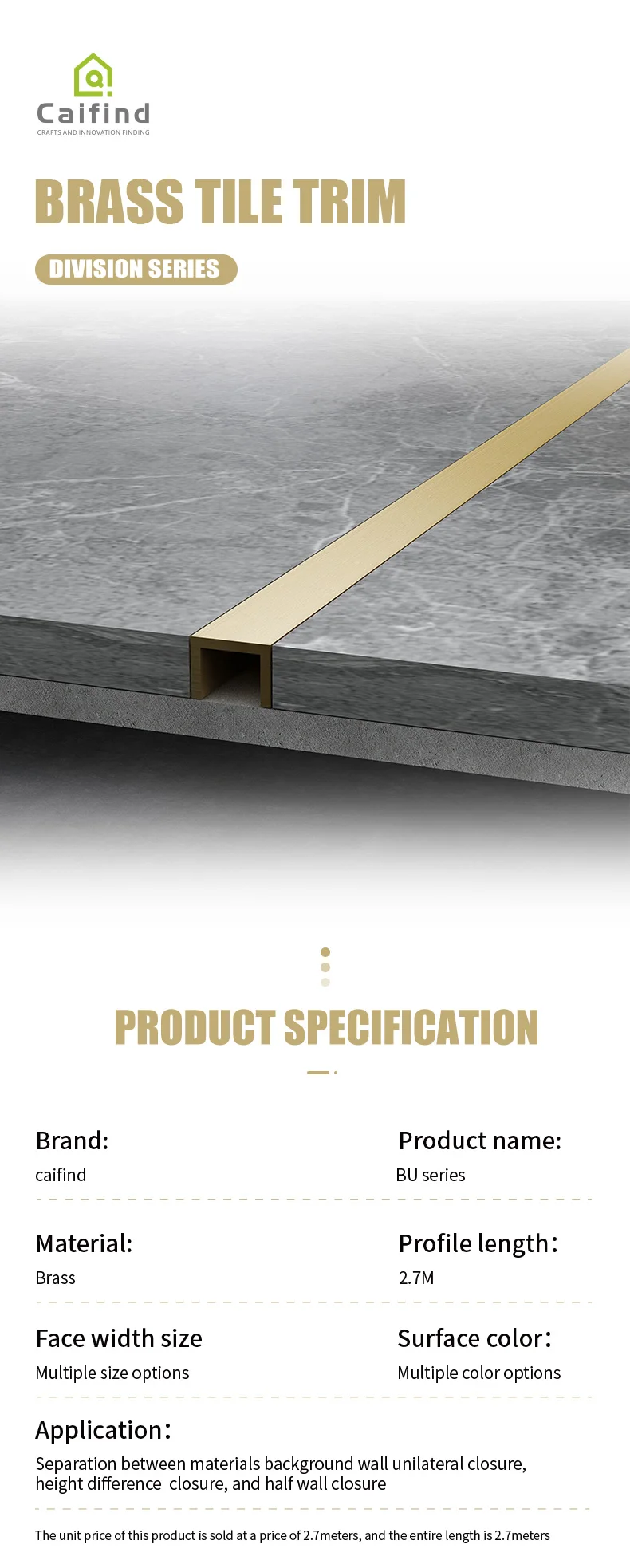 BU-U Shape Brass Tile Trim - Durable & Stylish Metal Strip