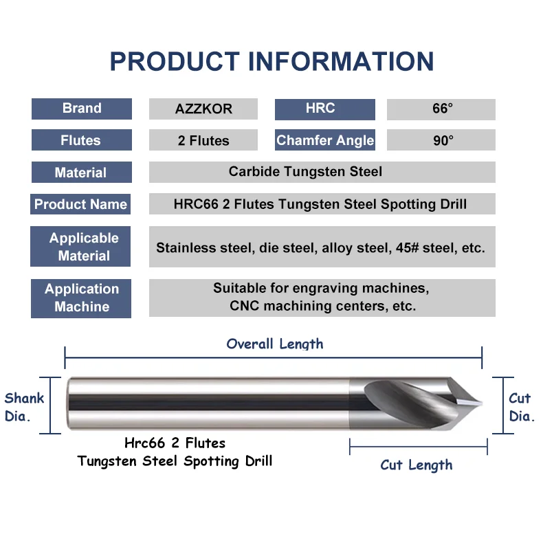 Azzkor Hrc66 Cnc Point Drilling Bit 90 Degree Black Coated 2 Flutes ...
