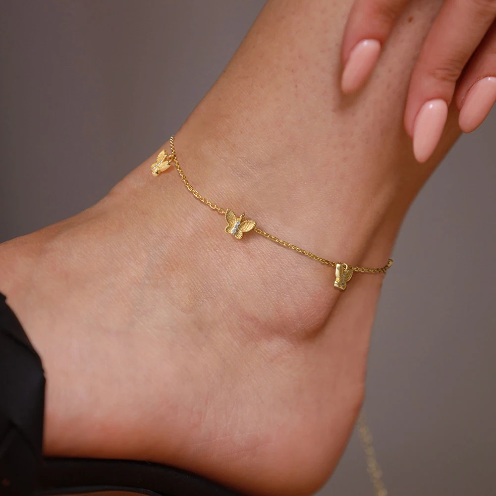 SA60 14K Gold Plated Butterfly Ankle Bracelet 925 Silver Cable Chain Anklets Personalized Summer Beach Jewelry Gifts for Women Alibaba