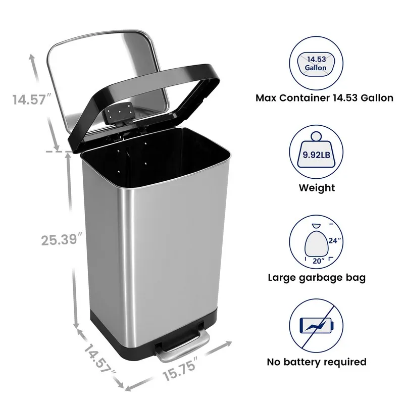 Modern 55L Stainless Steel Kitchen Trash Can with Touch-Free Pedal