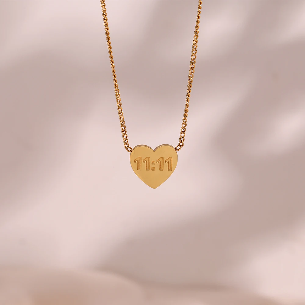 Number 11:11 Heart Pendant Necklace 18k Gold Plated Stainless Steel ...