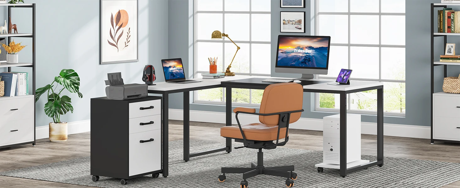 Tribesigns Modern Office L Shape Minimalist White Black Desktop Table ...