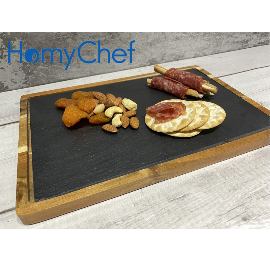 2-tier Natural Slate Buffet Server With Foldable Acacia Wooden Frame ...