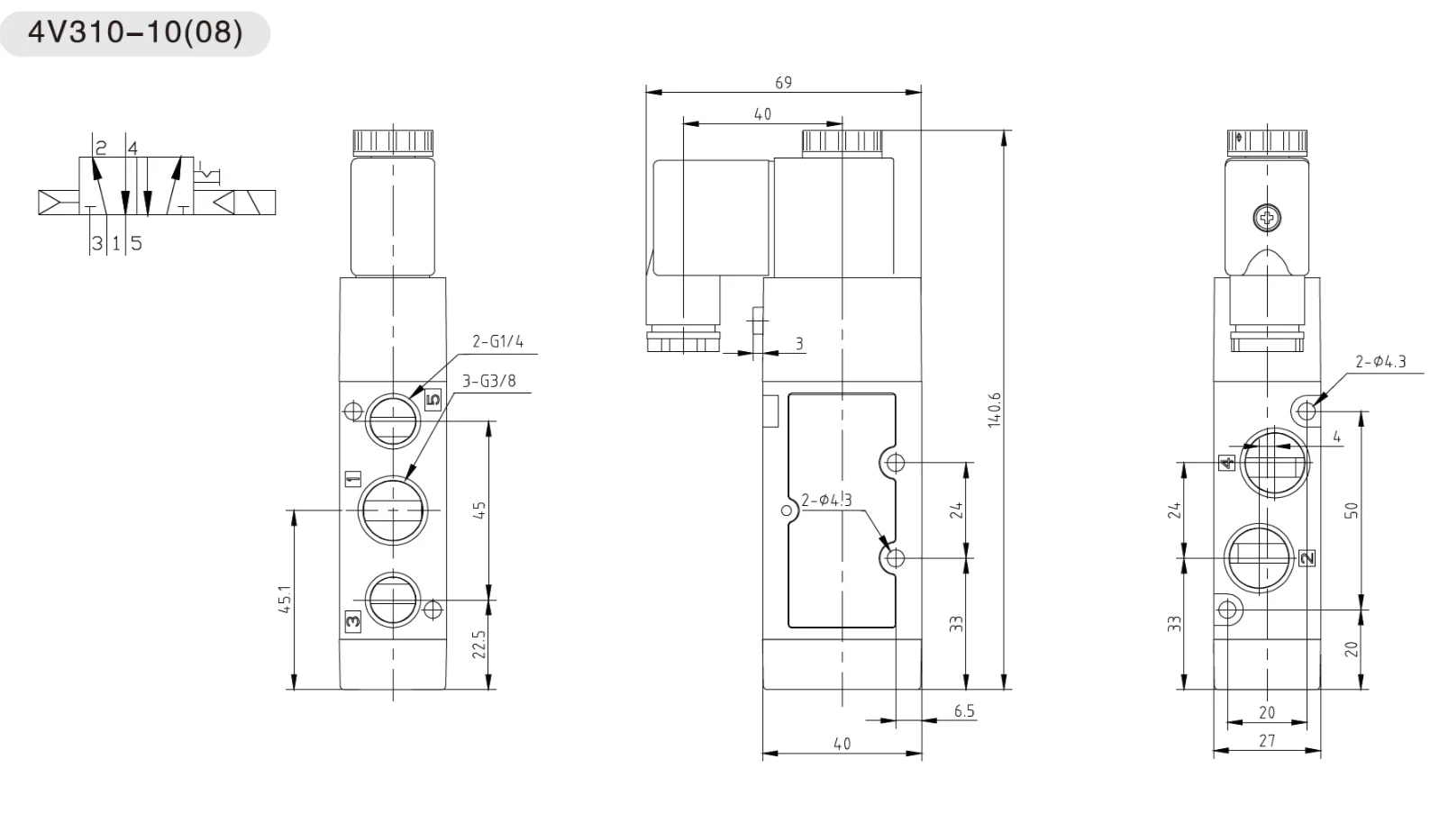 Easun Pneumatic Solenoid 4v Valve 4v310 Series 5/2way Pneumatic Single ...