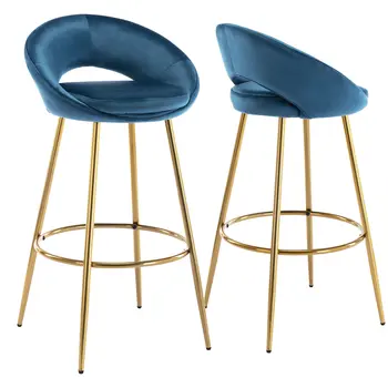 Navy Blue Velvet Set Of 2 Kitchen Bar Height Stools With Metal Leg ...