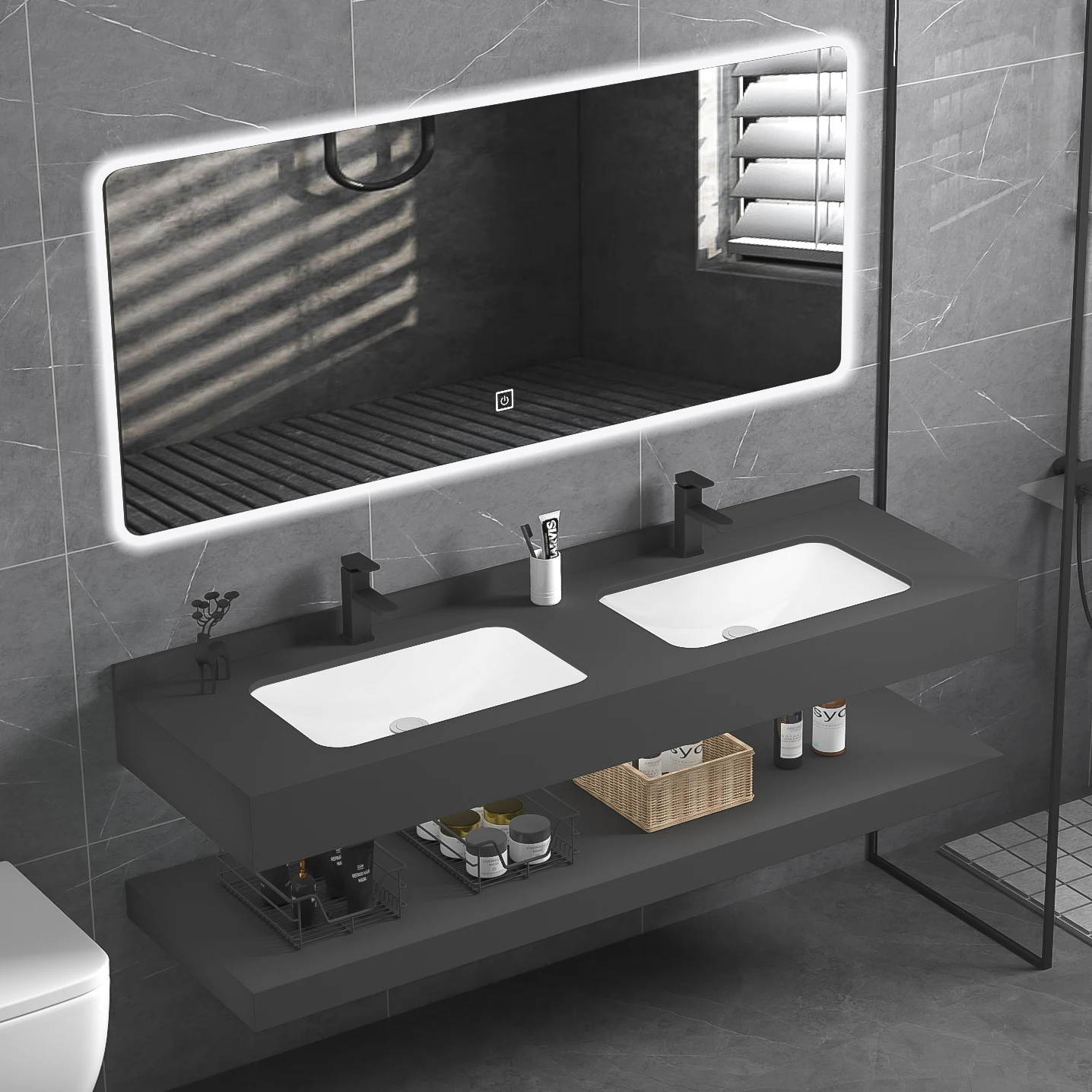 Modern double sink bathroom furniture rock slab counter top sinered ...
