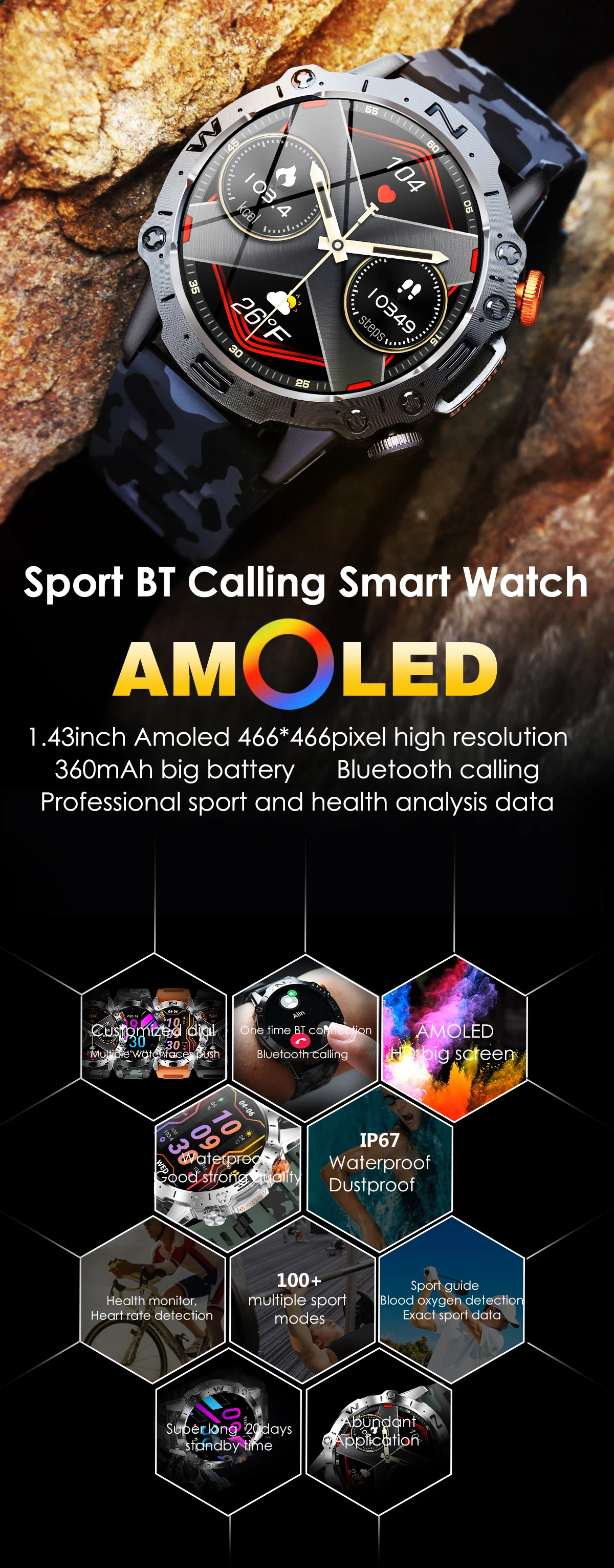 K59 Sport Smart Watch - 1.43inch AMOLED, Long Battery Life