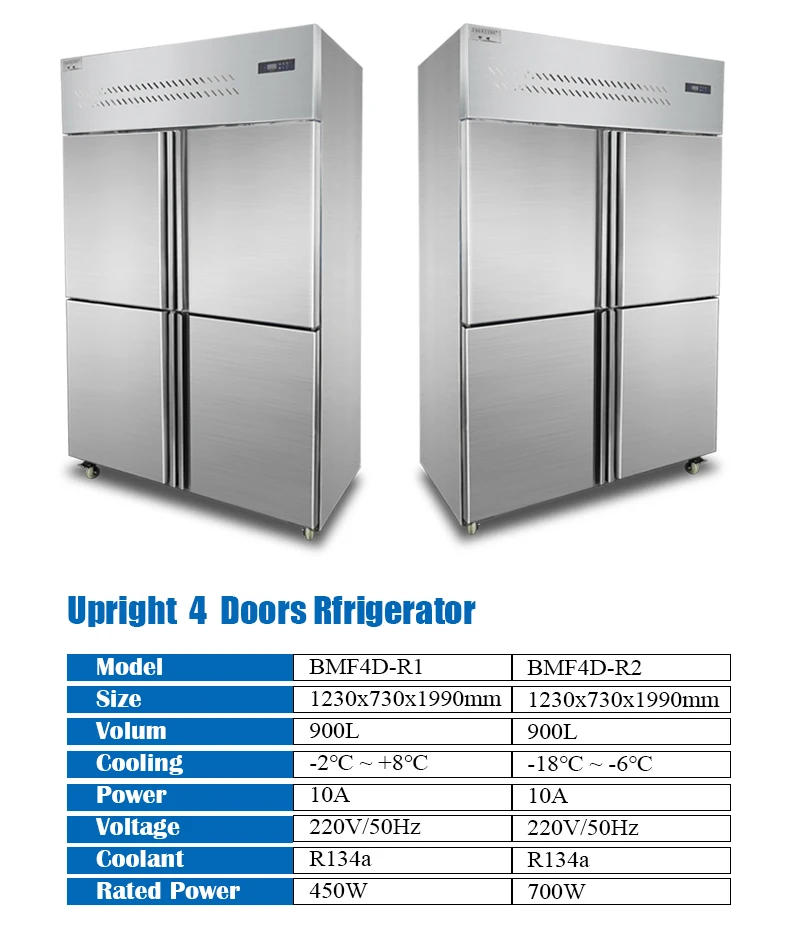 Industrial Stainless Steel 4 Doors Freezer Refrigerator 900L Commercial ...
