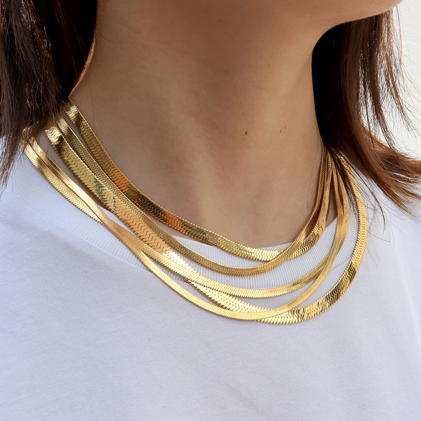 Minos Stainless Steel Herringbone Chain Tarnish Free Jewelry 18K Gold Plated 2mm 6mm Herringbone Snake Chain for Men Women